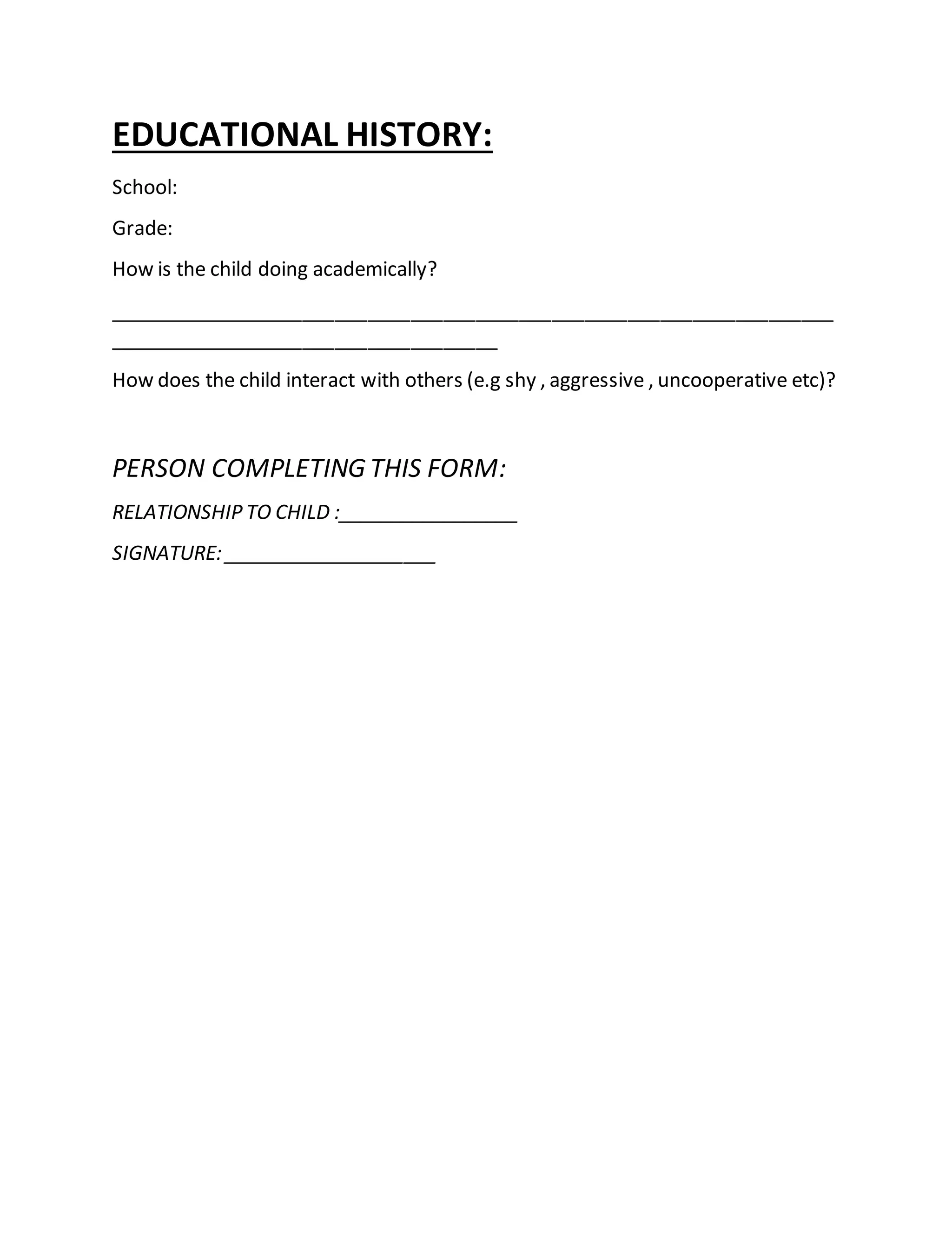 Child case history form | DOCX