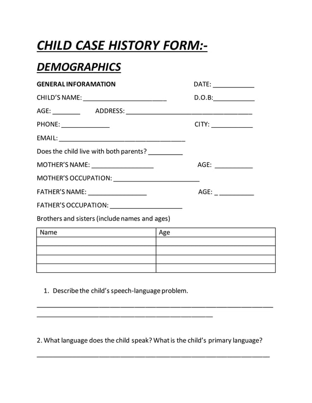 Child case history form | DOCX