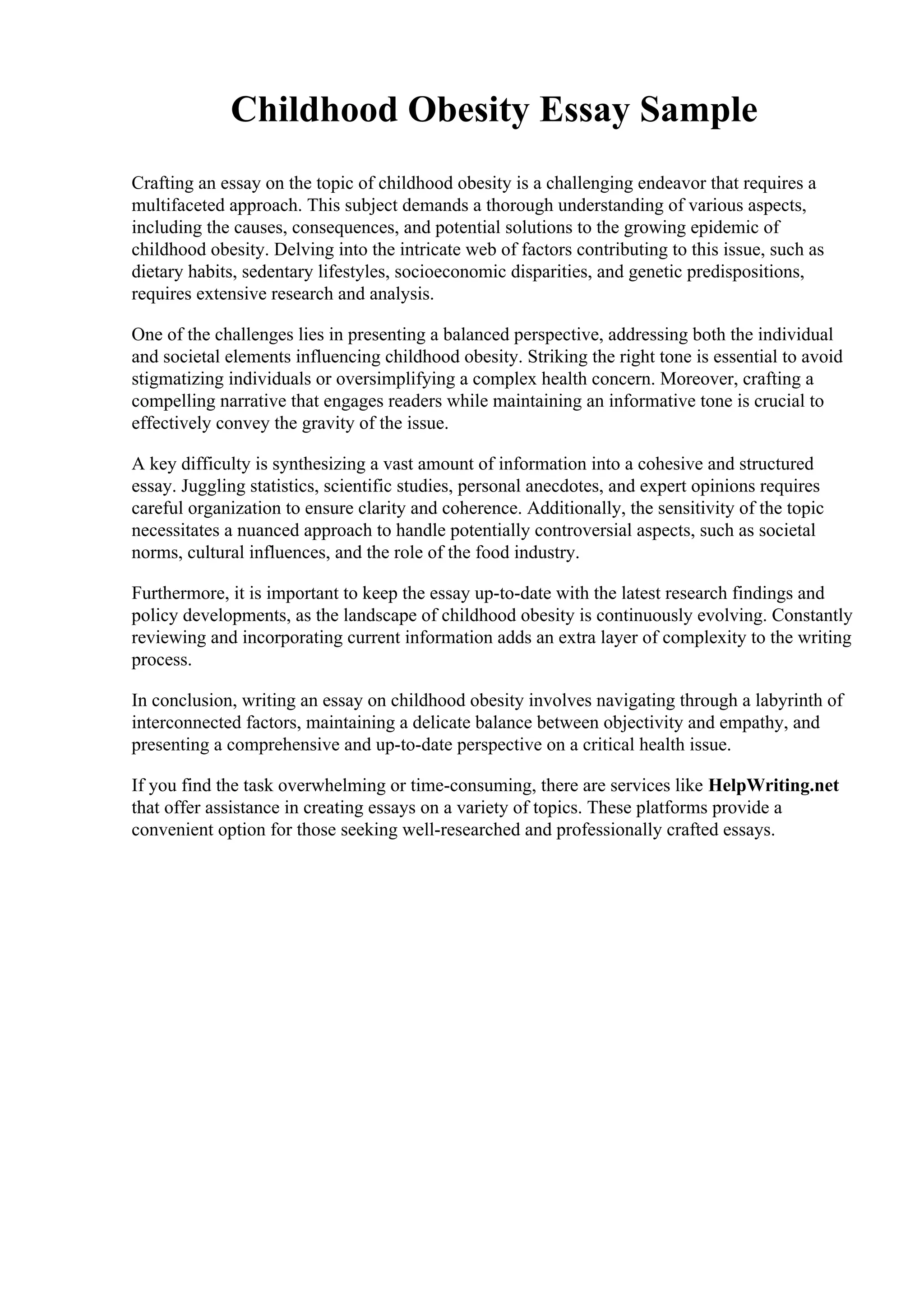 Childhood Obesity Essay Sample. Asher College | PDF