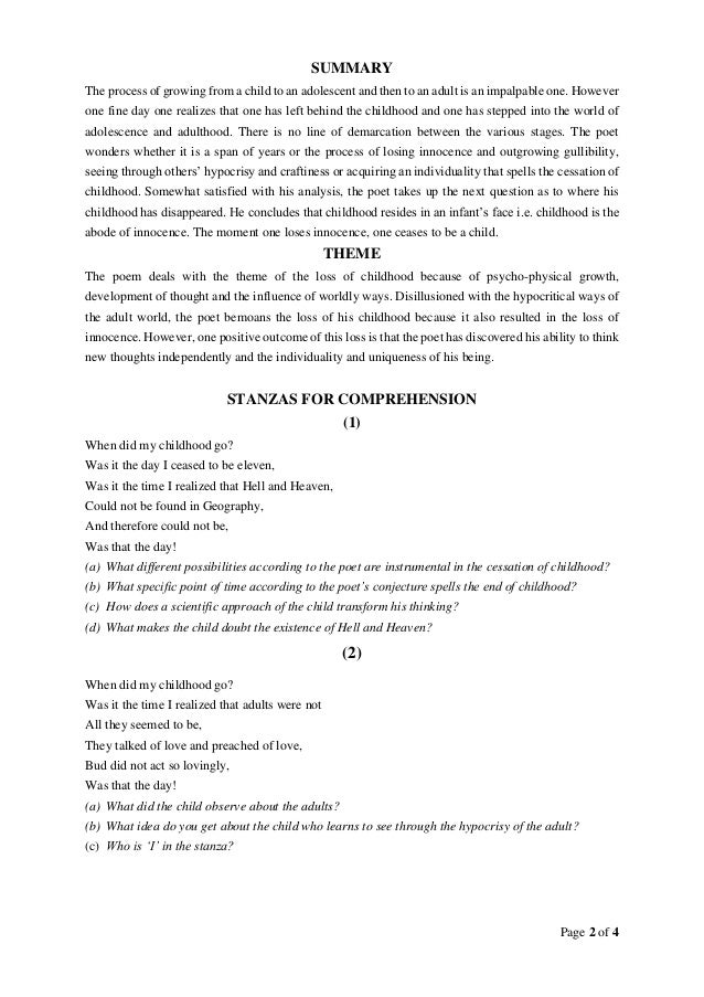 Childhood Poem 11 English CBSE | PDF