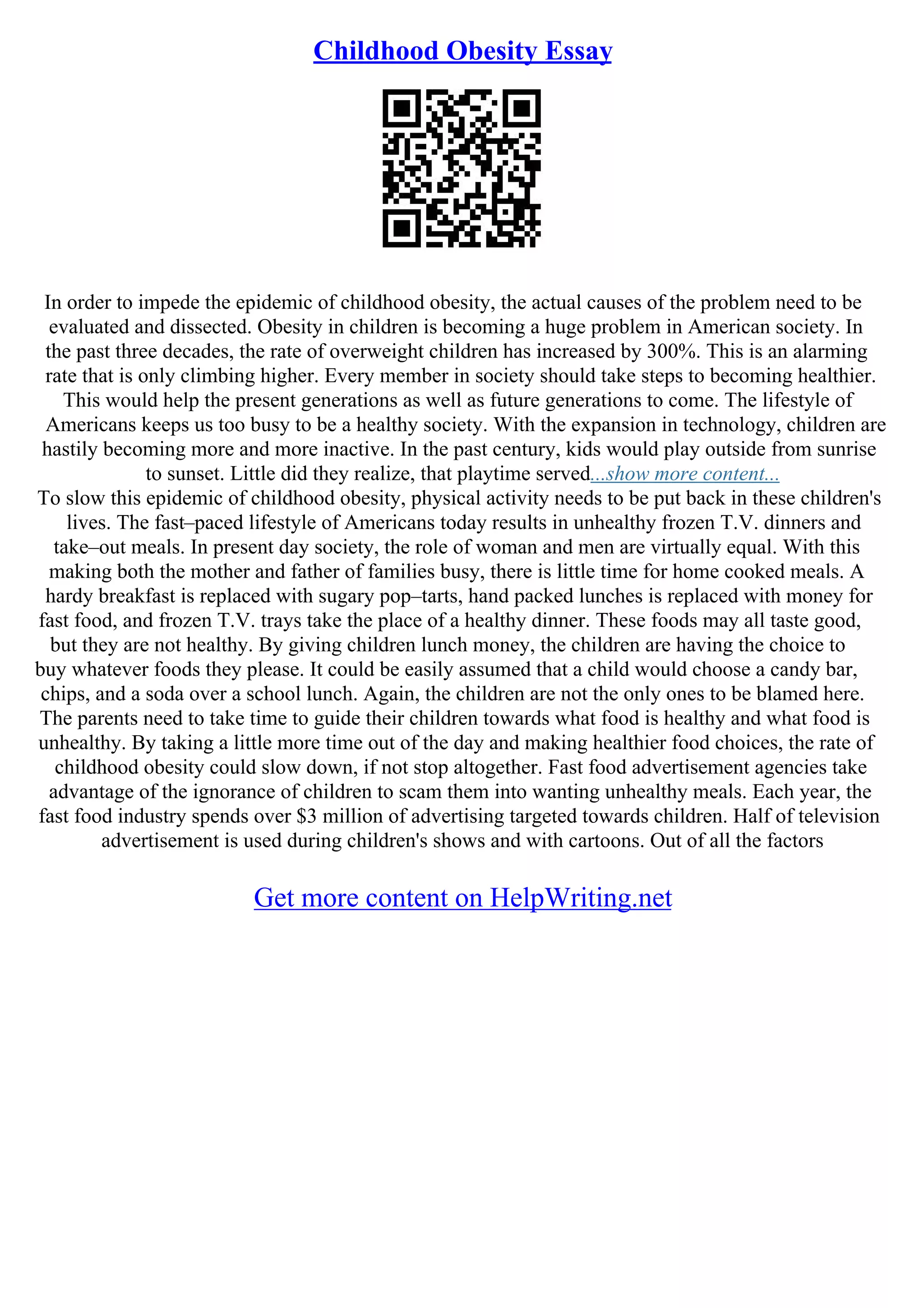 Child Obesity Essay | PDF