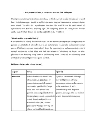 Child process in Node.js. Difference between fork and spawn | DOCX | Web Development | Internet
