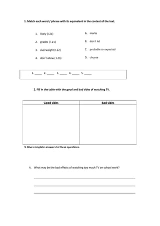 Children and watching tv (reading comprehension) | PDF