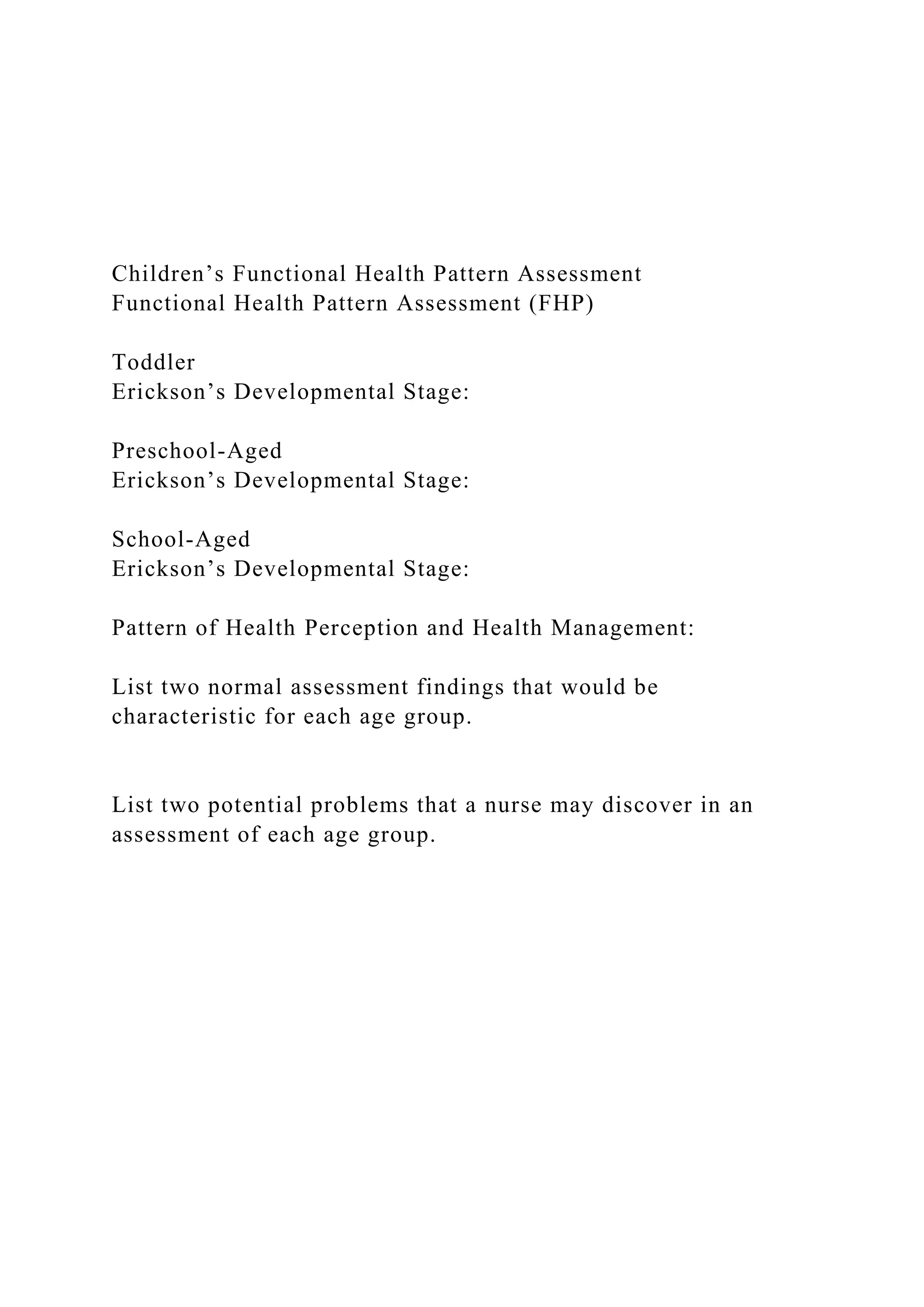 Children’s Functional Health Pattern AssessmentFunctional .docx ...