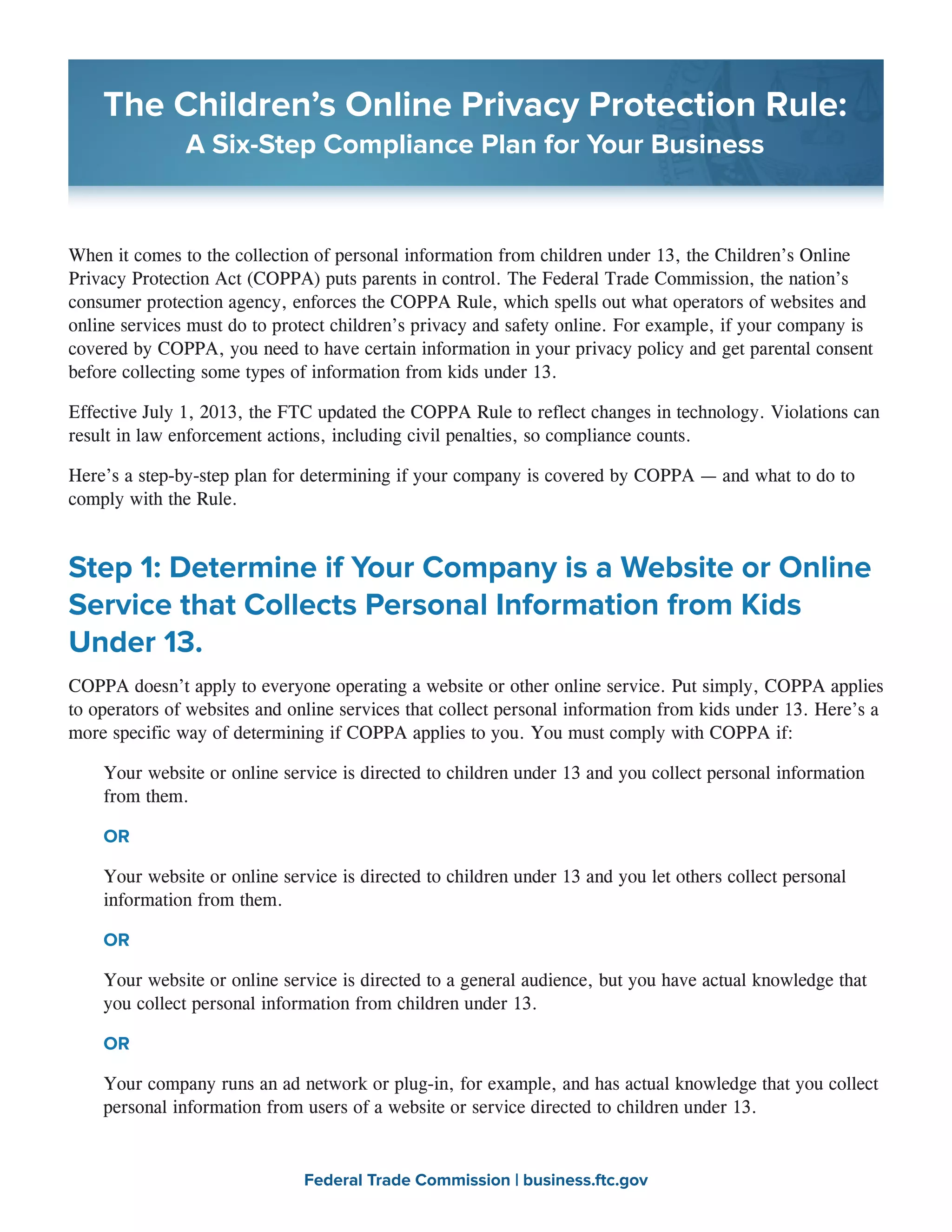 Children’s Online Privacy Protection Rule- A Six-Step Compliance Plan ...