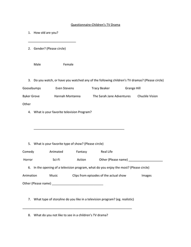 Childrens Tv drama questionnaire | DOC
