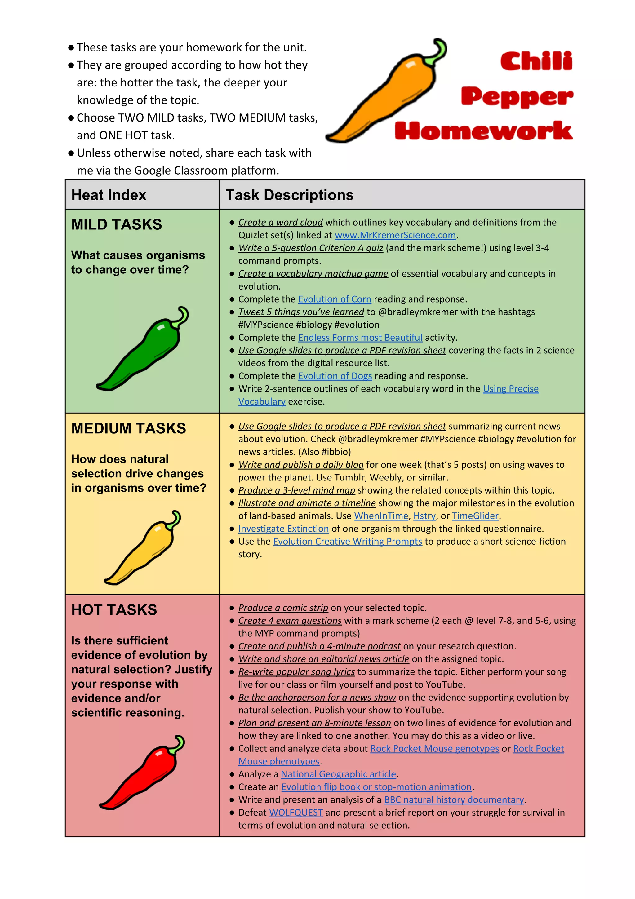 Chili Pepper Tasks - MYP 2 Evolution Unit | PDF | Biological Sciences ...