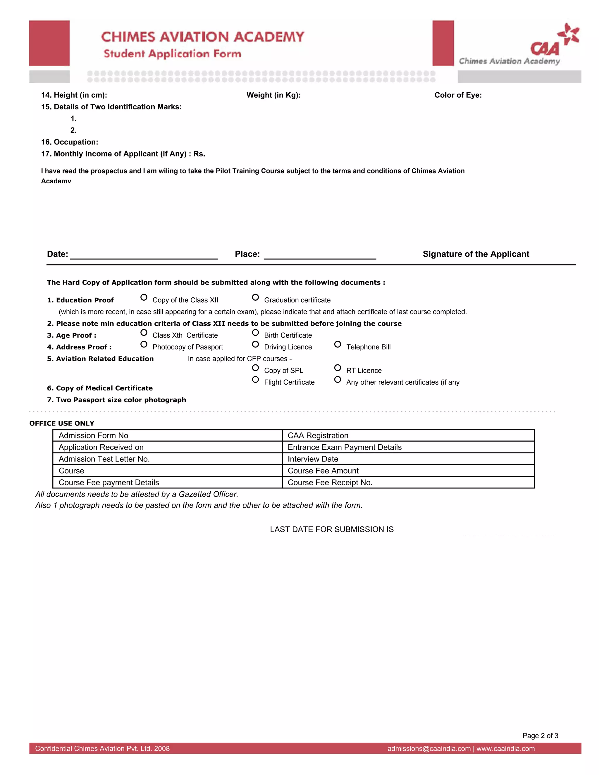 Chimes Aviation Academy Admission Application Form | PDF