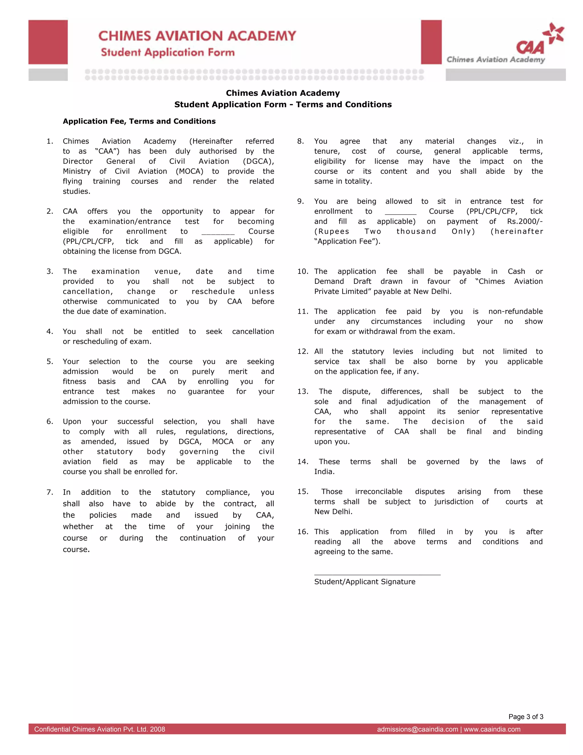 Chimes Aviation Academy Admission Application Form | PDF