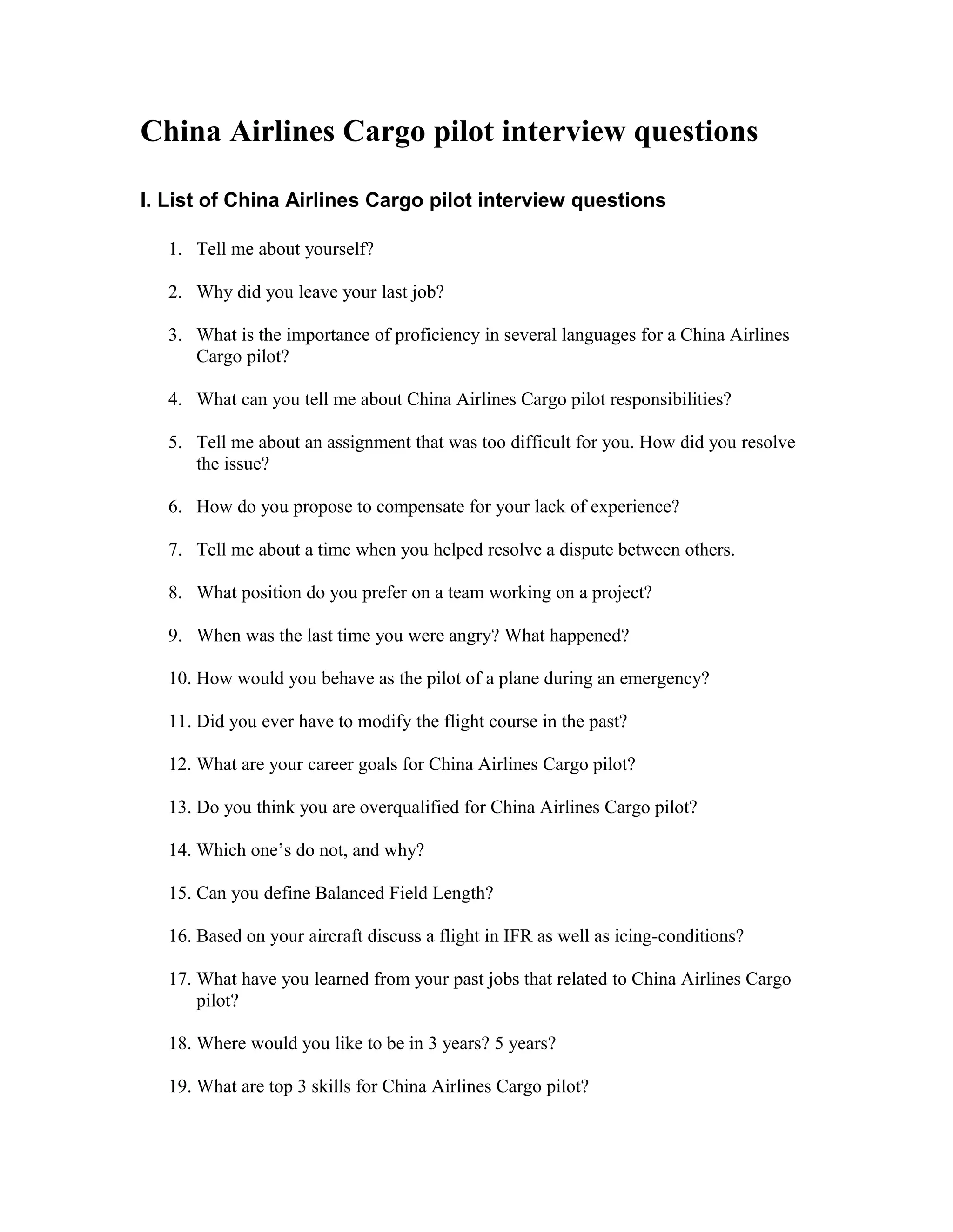China airlines cargo pilot interview questions | DOC | Air Travel ...