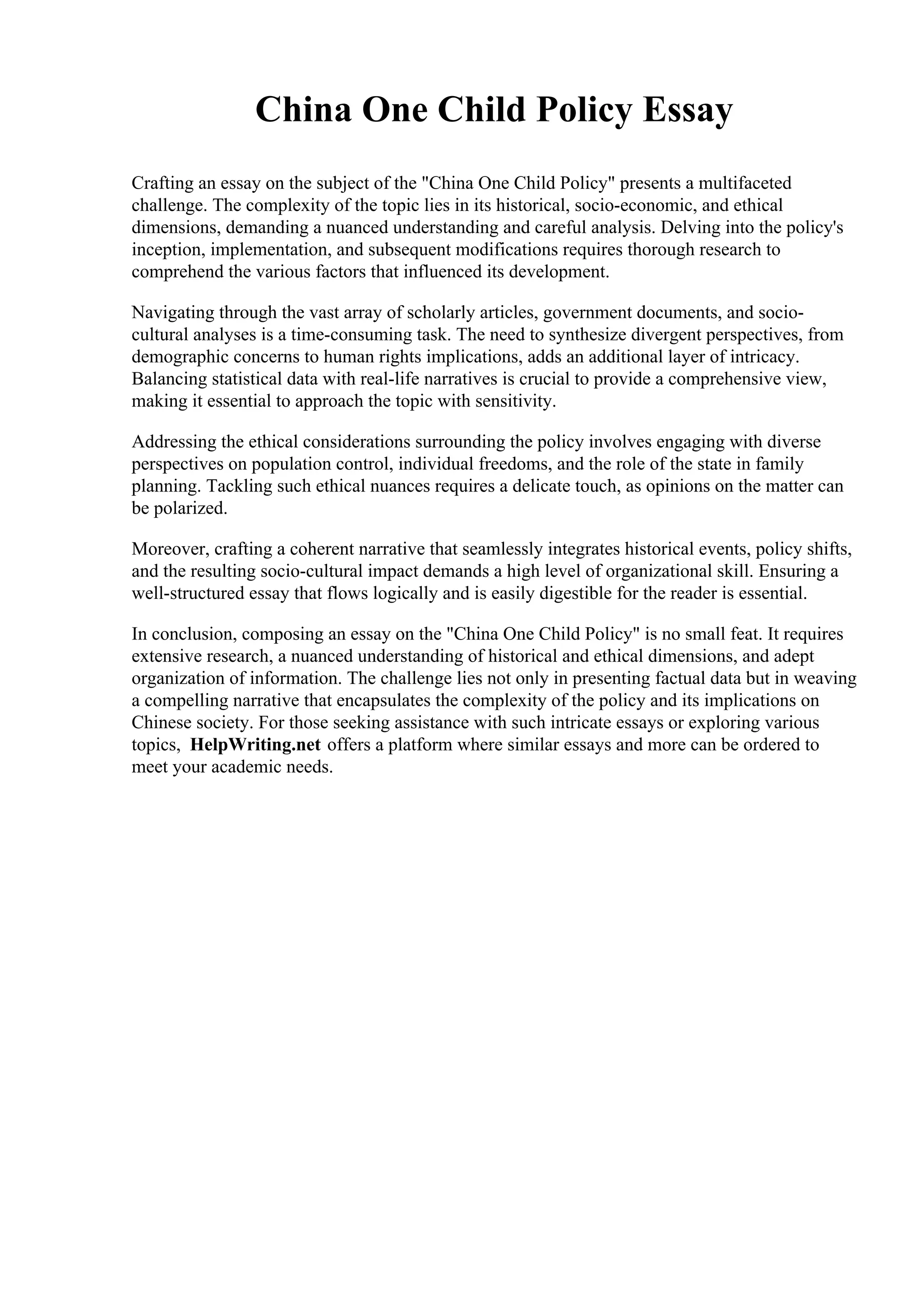 China One Child Policy Essay. Riggs College of Allied Health | PDF