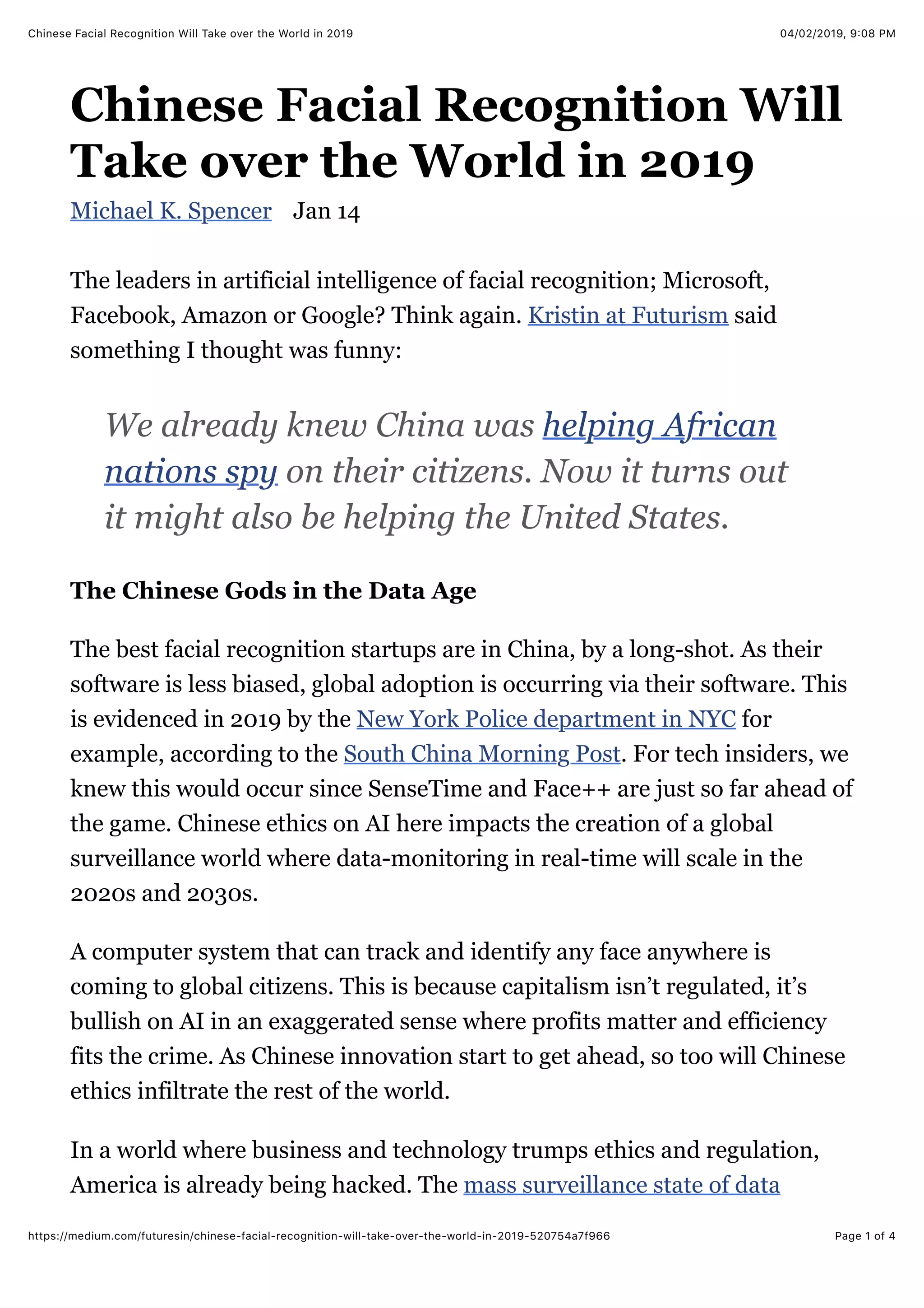 Chinese Facial Recognition Will Take over the World in 2019 | PDF ...