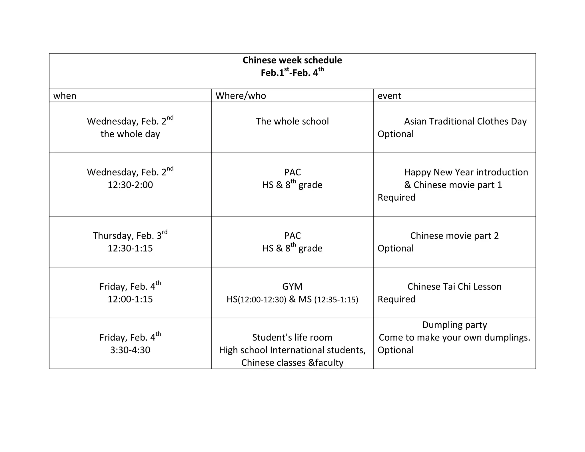 Chinese week schedule | PDF
