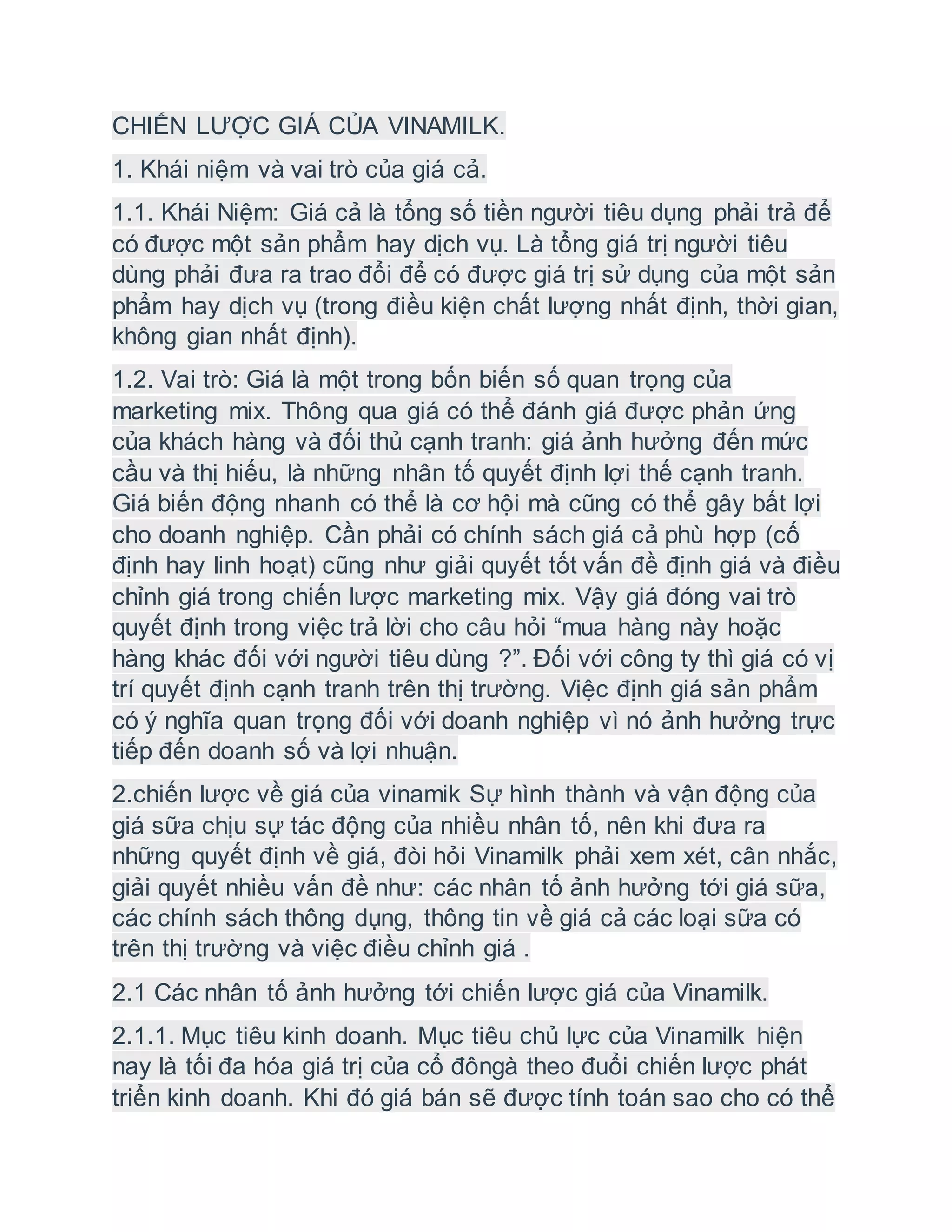 Chiến lược giá của vinamilk | DOCX