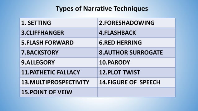 NARRATIVE TECHNIQUES- ENGLISH PPT.pptx | Fiction | Books and Literature