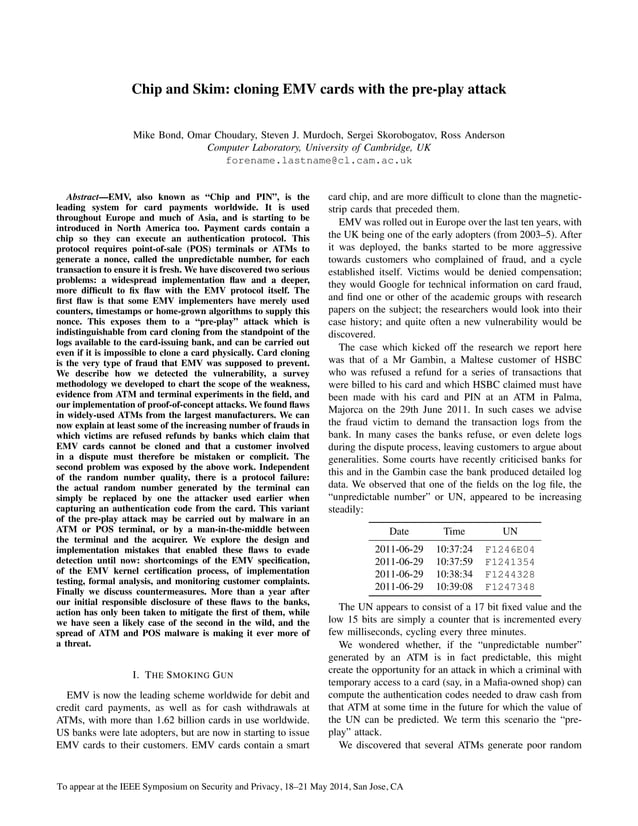 Chip and Skim: cloning EMV cards with the pre-play attack | PDF