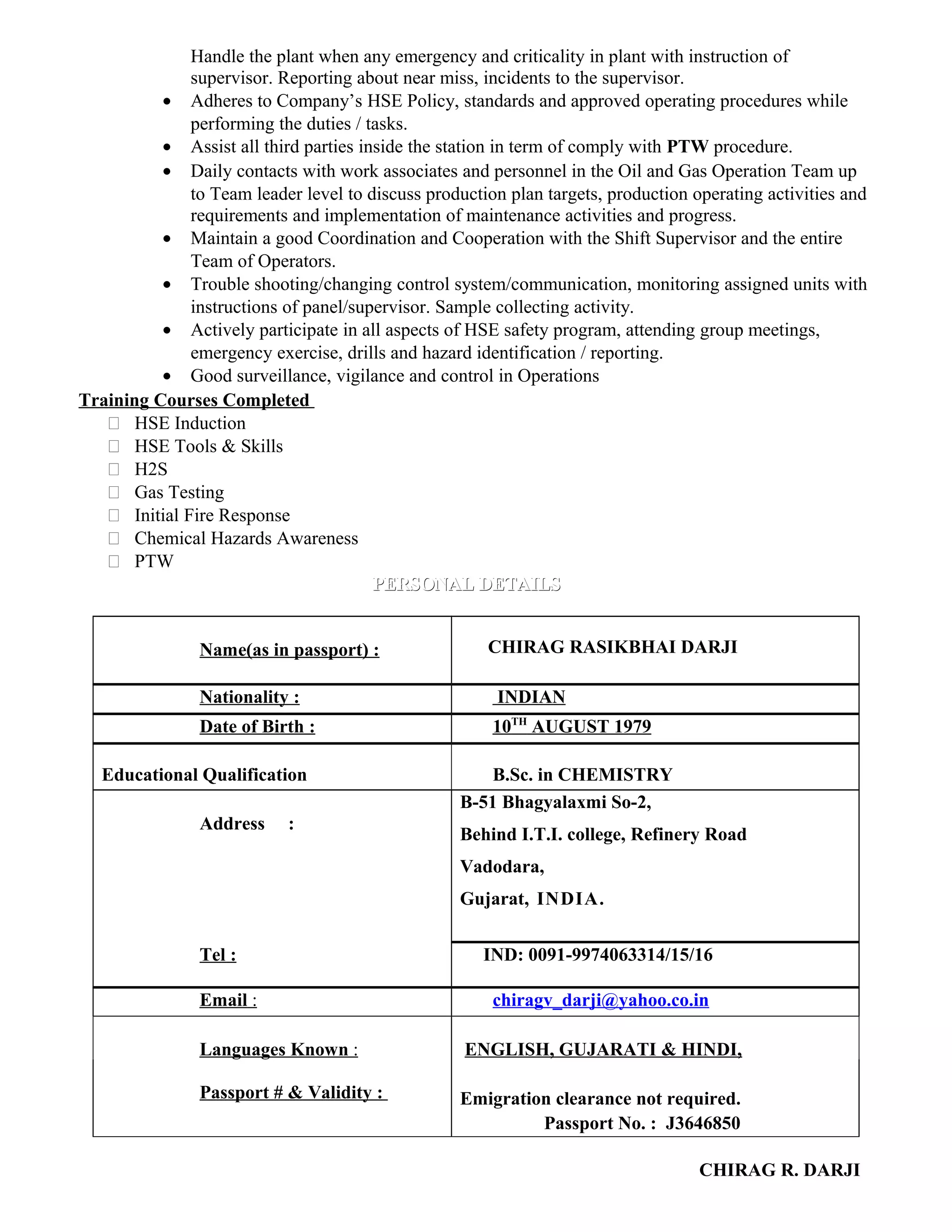 Chirag darji resume for production operator (oil & gas) | PDF