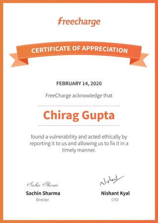 Freecharge - Certificate Of Appreciation | PDF