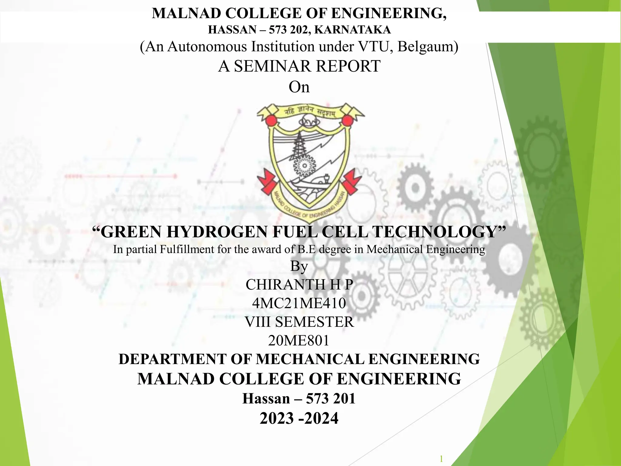 green hydrogen fuel cell ppt by chiranth | PPTX