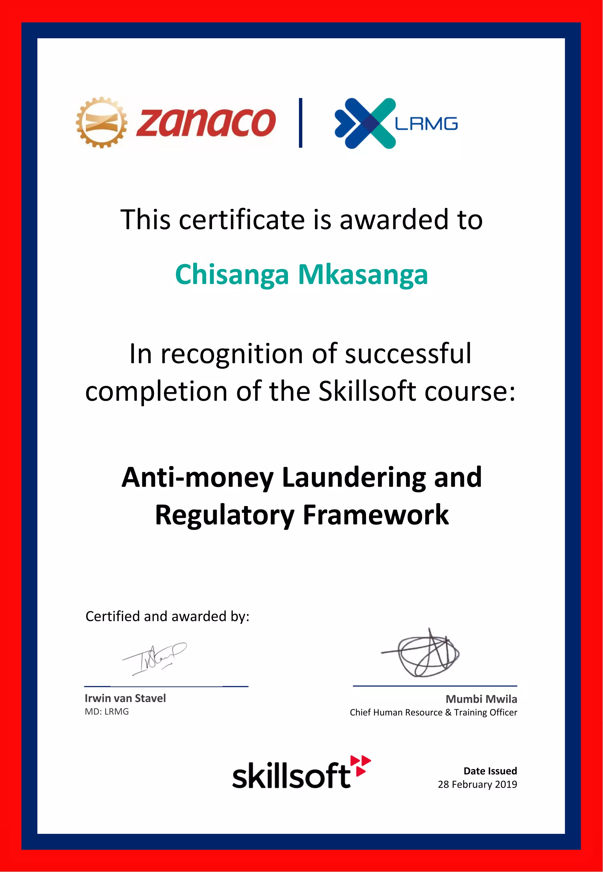Chisanga mkasanga amlf certificate v.1.0 | PDF