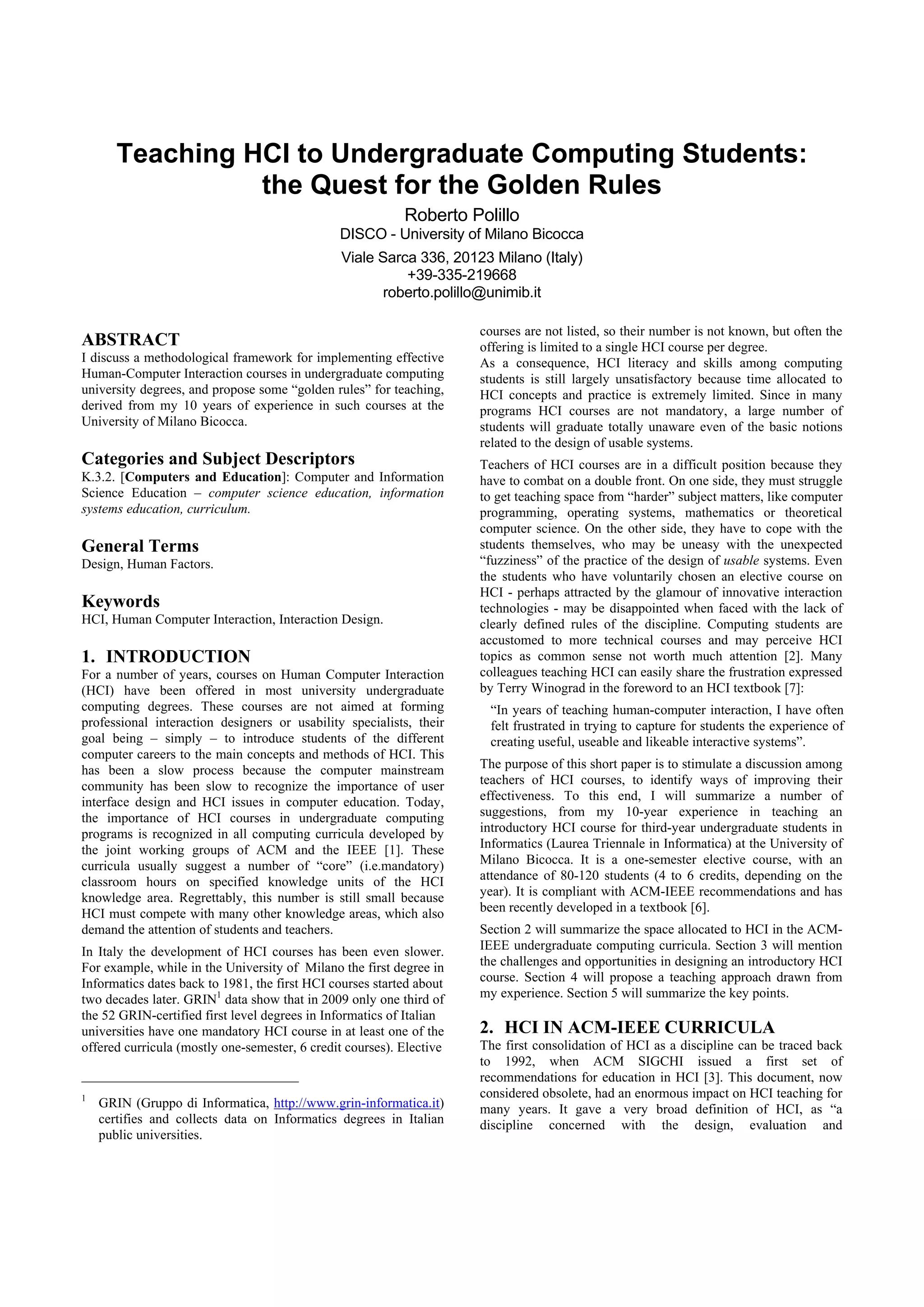 Teaching HCI to Undergraduate Computing Students: the Quest for the ...