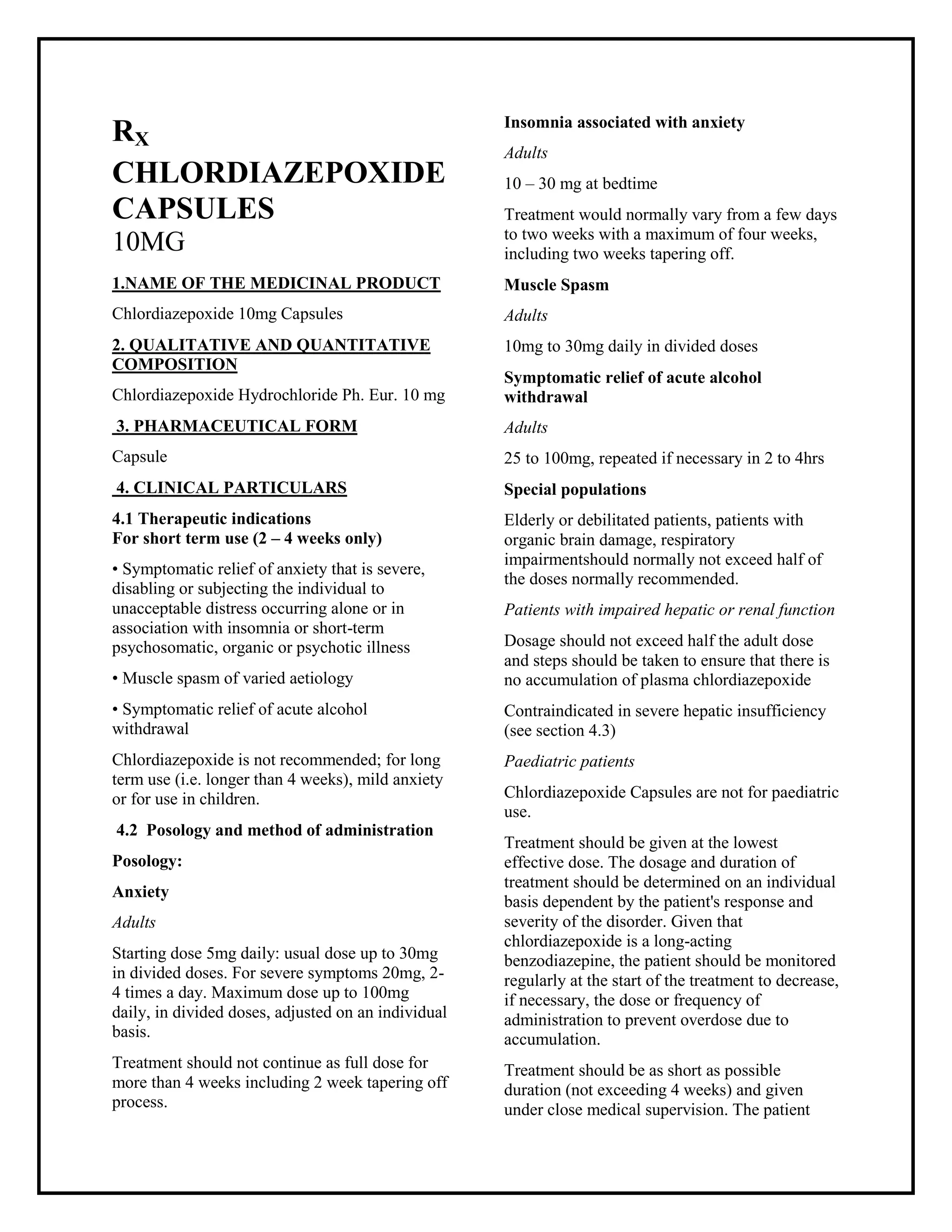 Chlordiazepoxide 10mg capsules smpc taj pharmaceuticals | PDF
