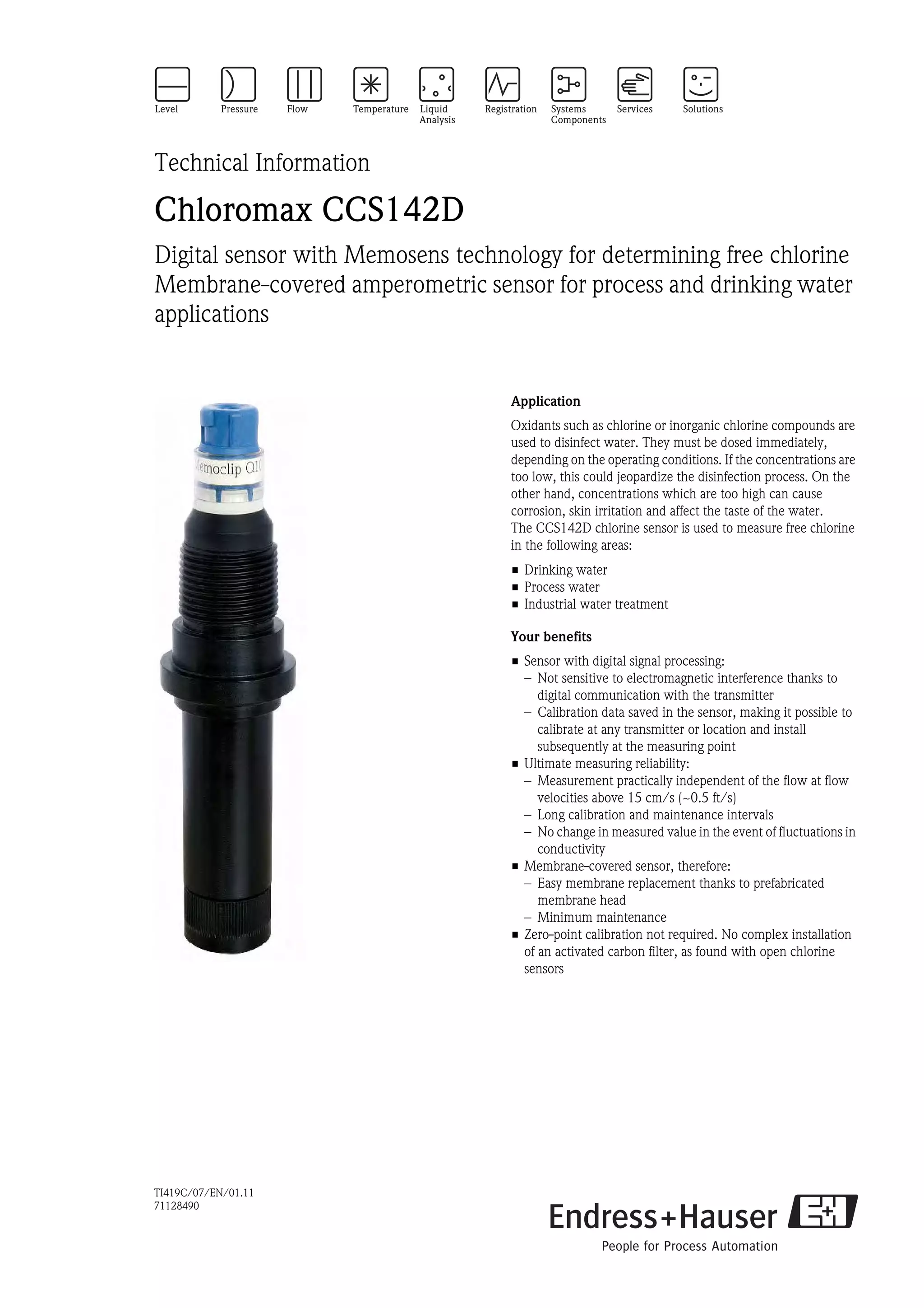 Chloromax CCS142 D endress+hauser datasheet free chlorine | PDF