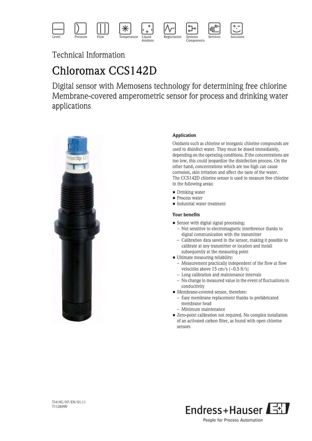 Chloromax CCS142 D endress+hauser datasheet free chlorine | PDF ...