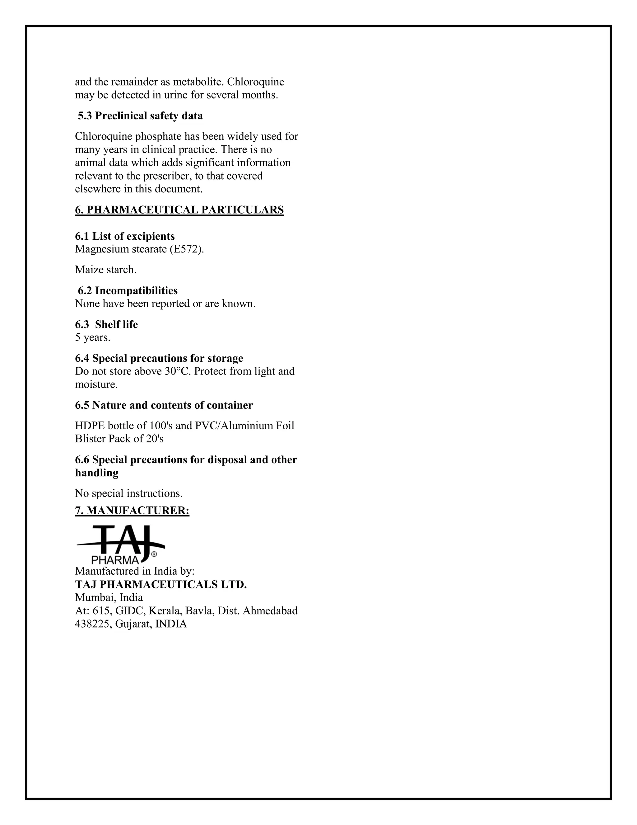 Chloroquine phosphate 250 mg tablets smpc taj pharmaceuticals | PDF