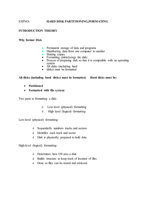 Hard Disk Partitioningformating Docx Operating Systems Computer