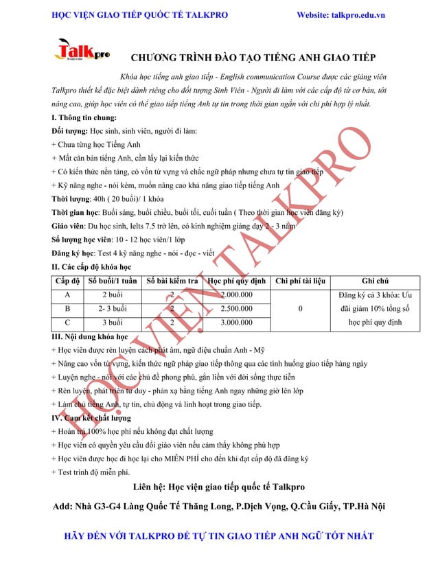 Talkpro Đơn vị đào tạo tiếng anh giao tiếp hiệu quả tại Hà Nội//0904884911 | PDF