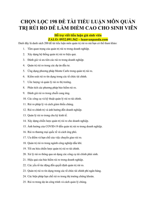 Chọn Lọc 198 Đề Tài Tiểu Luận Môn Quản Trị Rủi Ro Dễ Làm Điểm Cao Cho Sinh Viên | DOCX