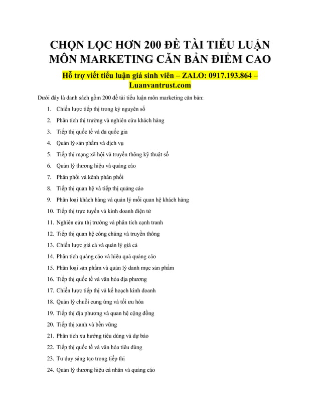 Chọn Lọc Hơn 200 Đề Tài Tiểu Luận Môn Marketing Căn Bản Điểm Cao | PDF