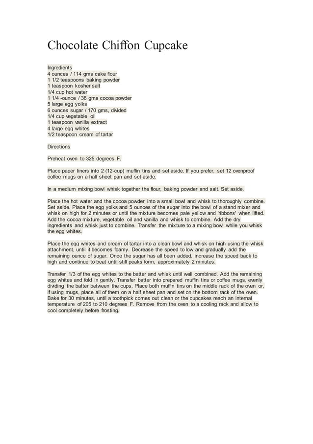 Chocolate chiffon cupcake | DOCX | Desserts and Baking | Food & Drink