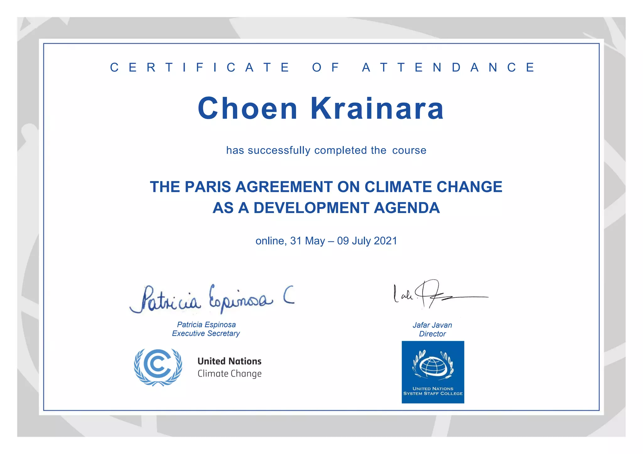 Certificate of Completion in the Paris Agreement on Climate Change as a ...