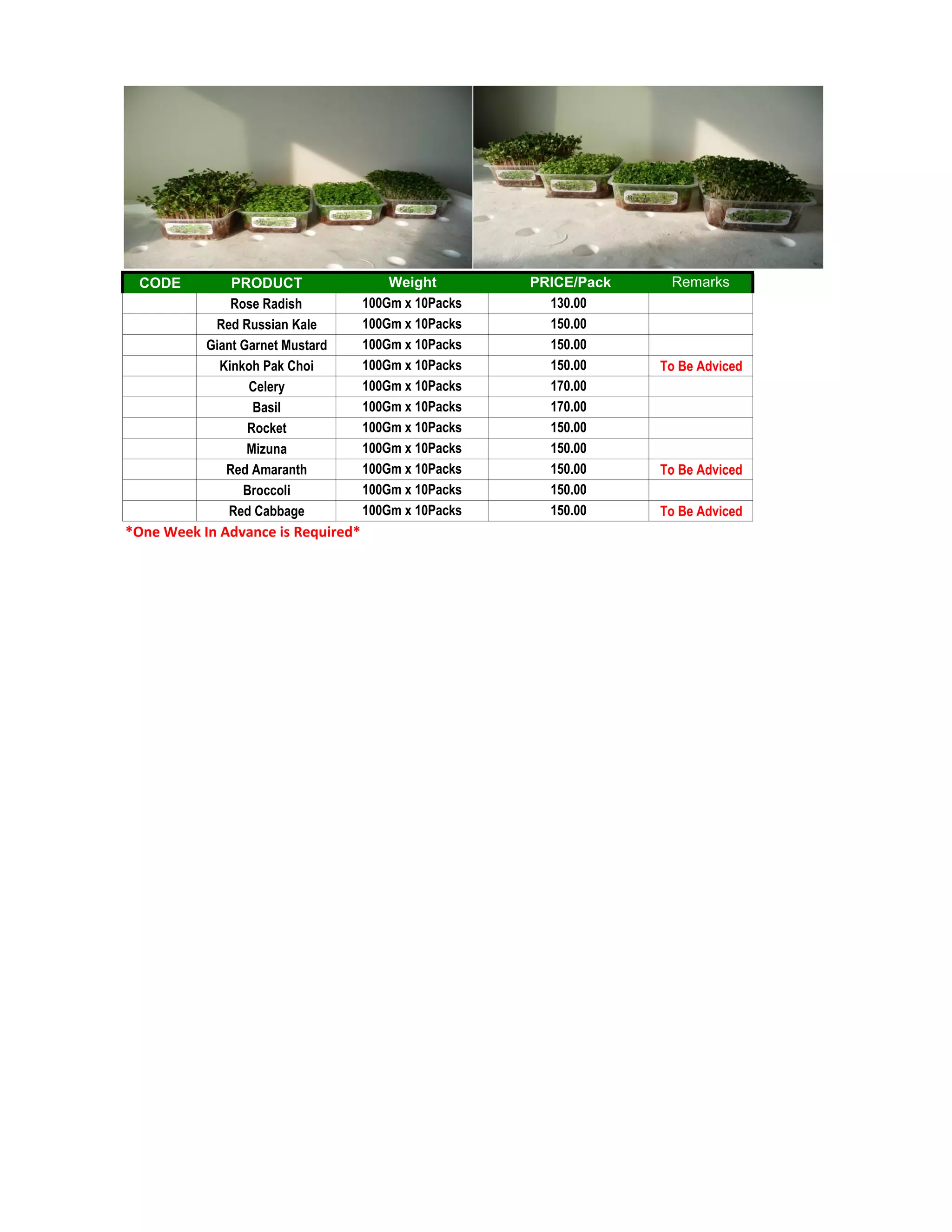 Choice Foods Price List Of Microgreen Oct 2011 | PDF