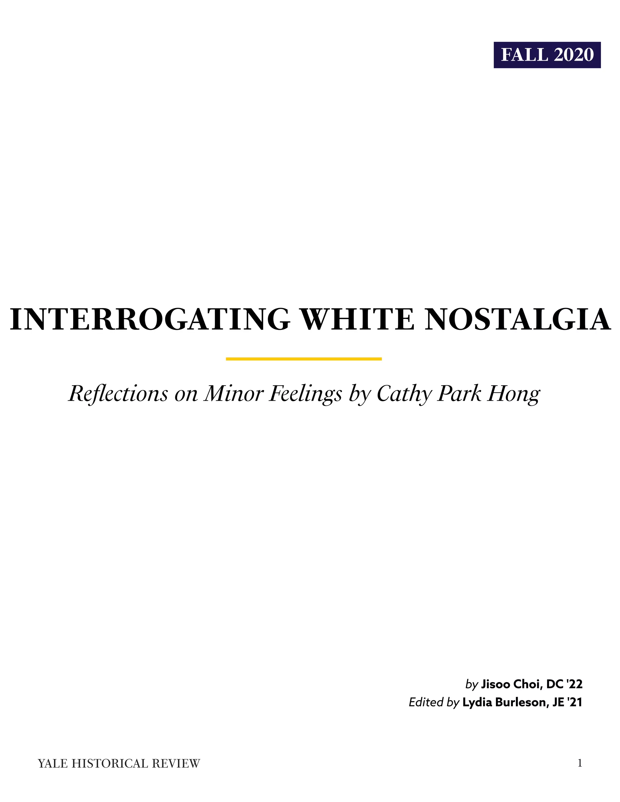 Interrogating White Nostalgia: Reflections on Minor Feelings by Cathy Park Hong | PDF