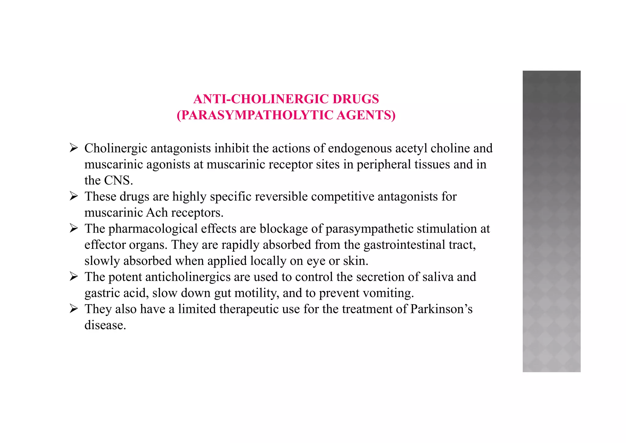 Cholinergics and anti cholinergic drugs | PDF