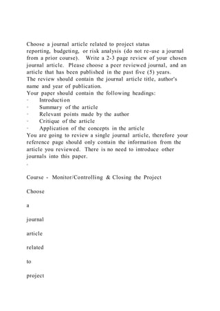 Choose a journal article related to project status reporting, budg | PDF