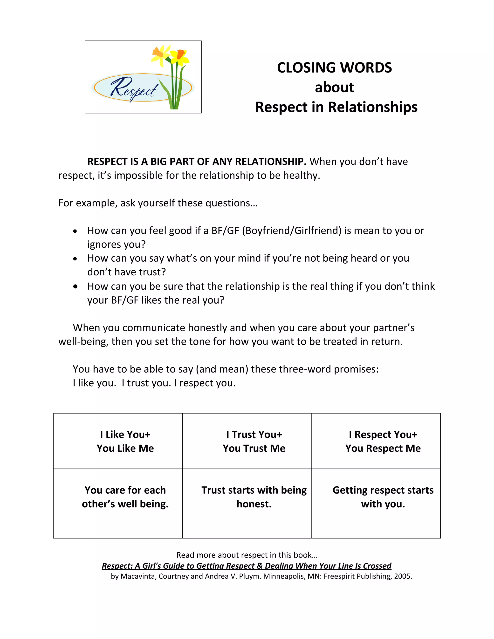 Choose Respect Closing Words | DOC | Dating | Family and Relationships