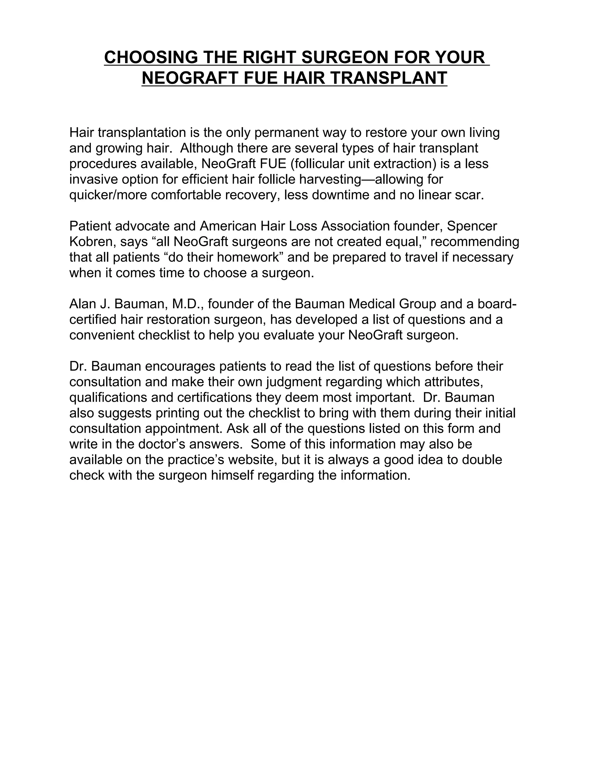 Choosing A Neograft Surgeon Qs+Checklist | PDF