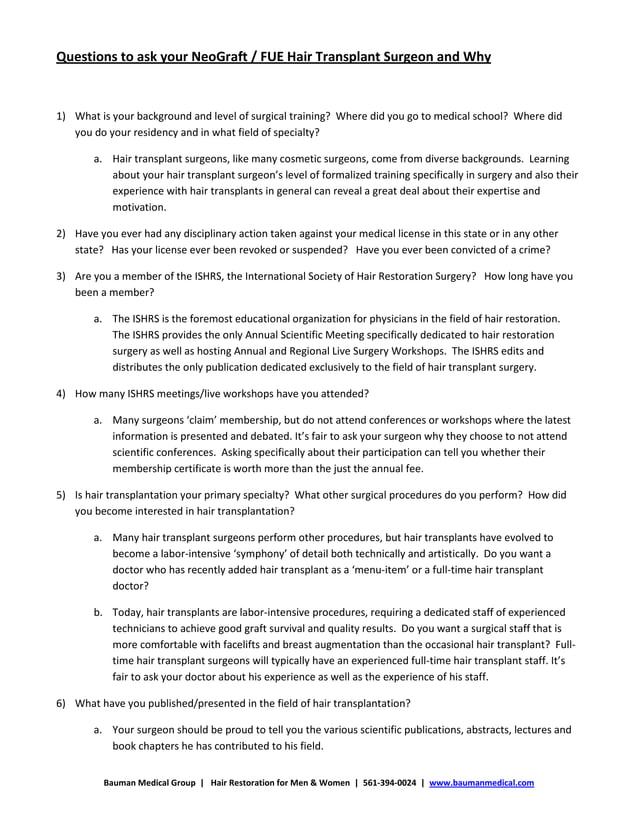 Choosing A Neograft Surgeon Qs+Checklist | PDF