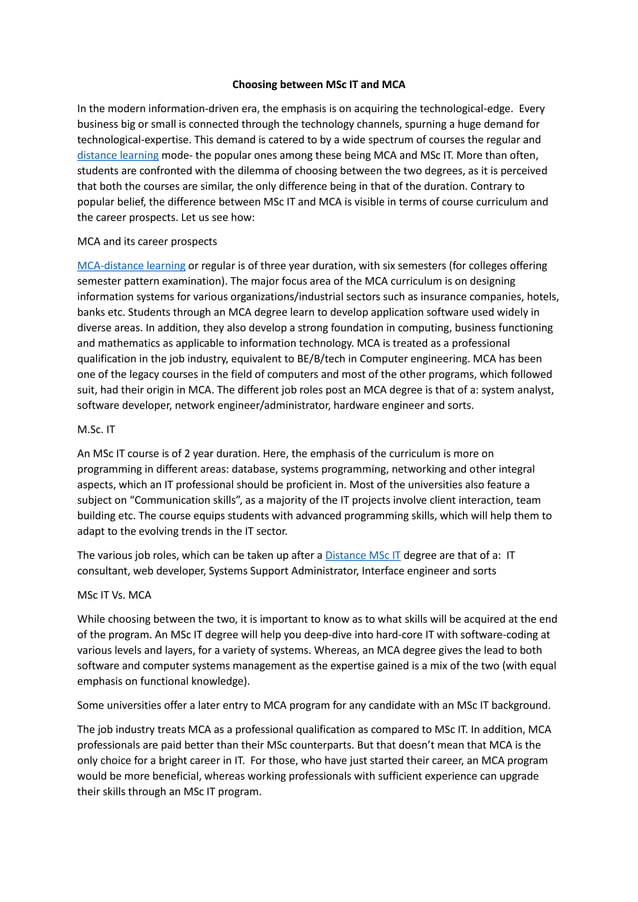 Choosing between m sc it and mca | PDF