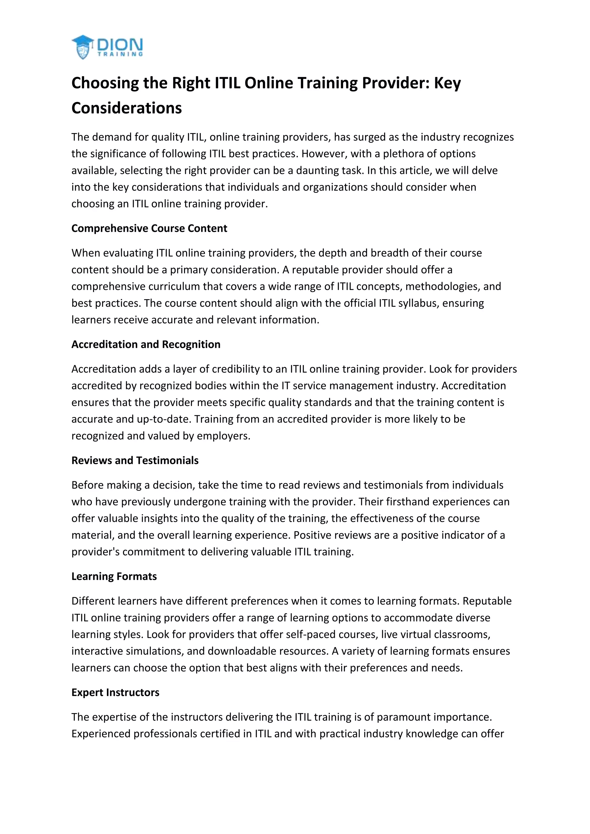 Choosing the Right ITIL Online Training Provider: Key Considerations | PDF