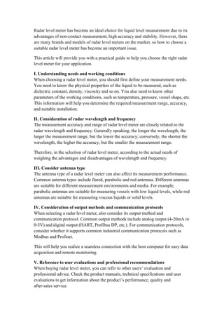 Choosing The Right Radar Level Meter A Practical Guide | PDF