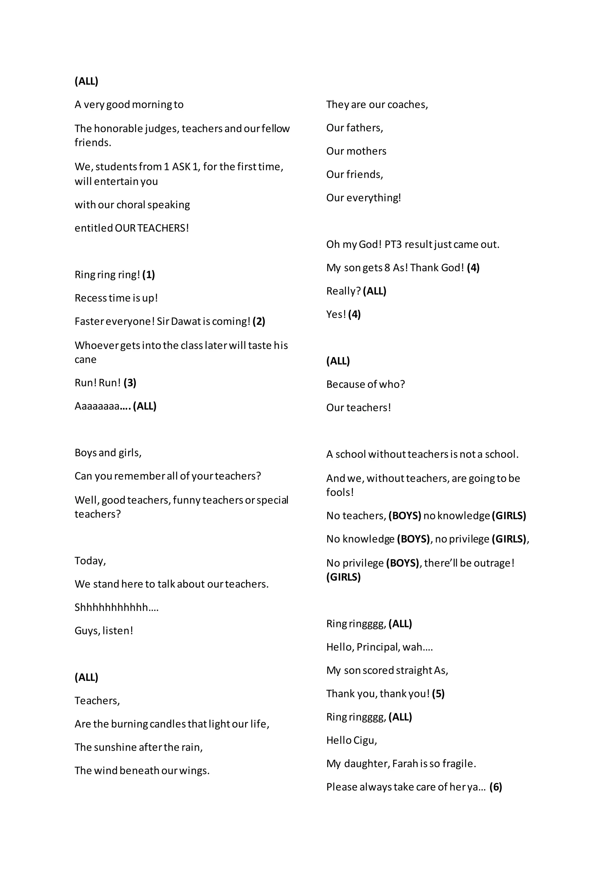 Choral Speaking Text (Form 1) | DOCX