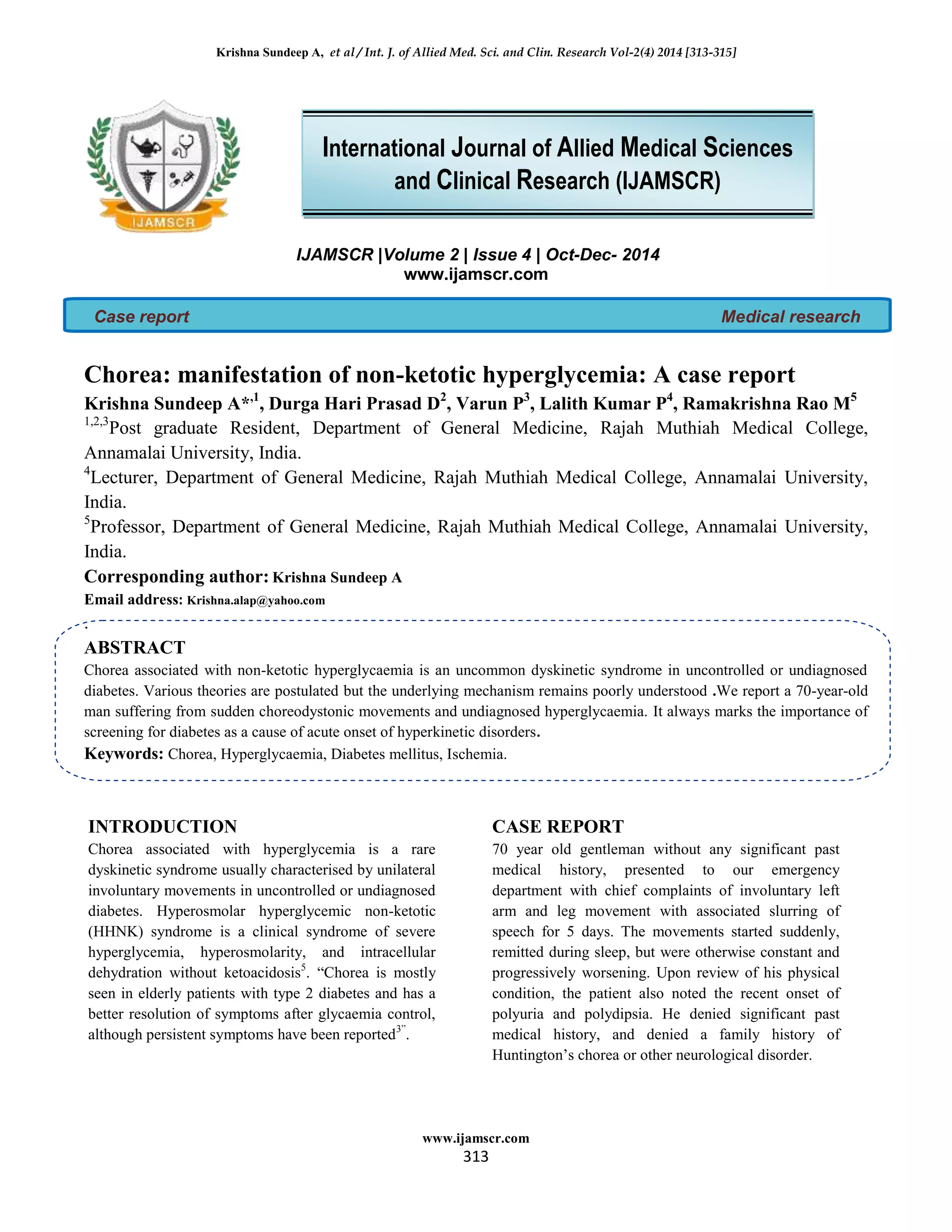 Chorea manifestation of non ketotic hyperglycemia a case report | PDF