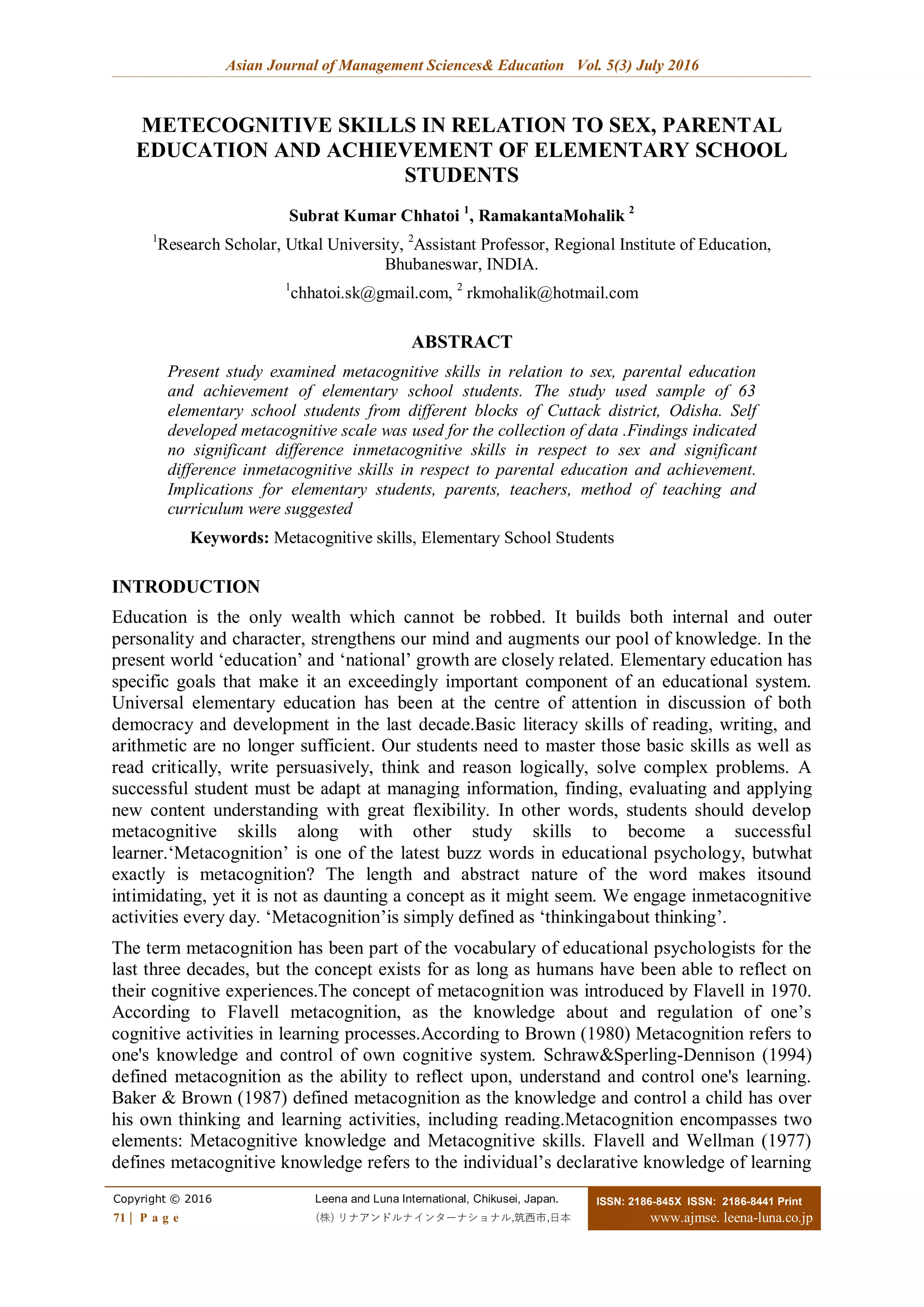 Meta cognitive skills in relation to sex, parental education and achievement of Elementary ...