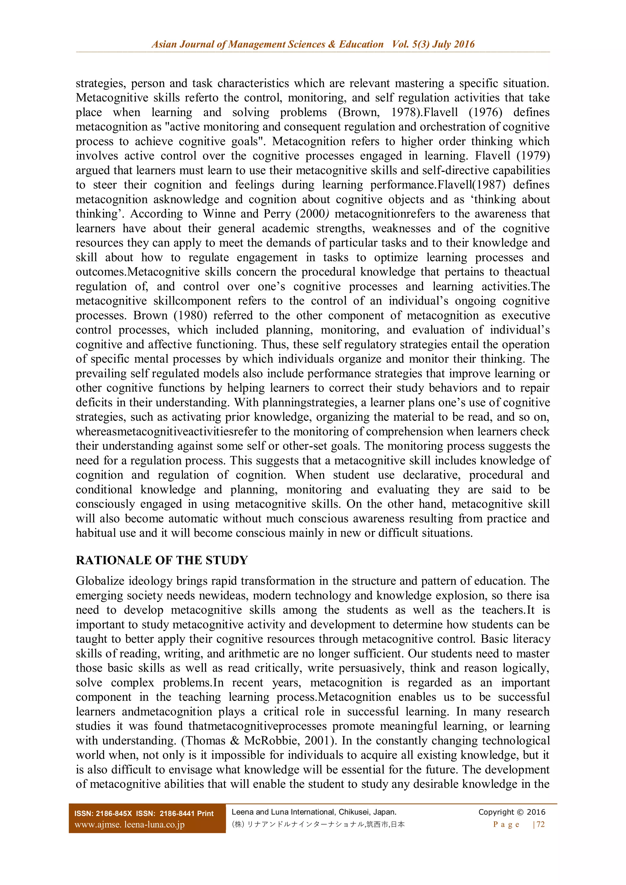 Meta cognitive skills in relation to sex, parental education and achievement of Elementary ...