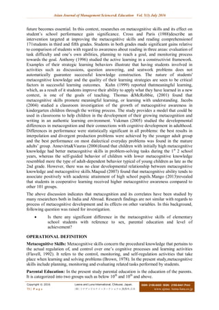 Meta cognitive skills in relation to sex, parental education and achievement of Elementary ...